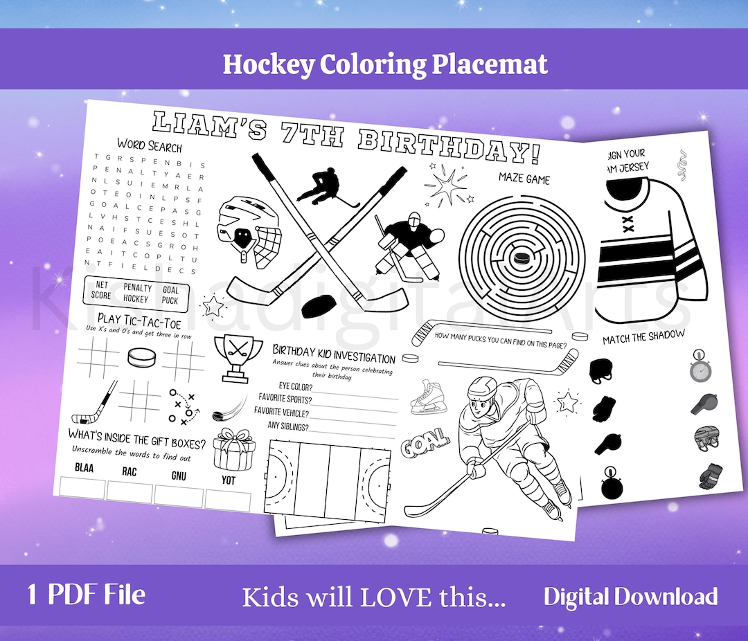 Personalized Hockey Theme Kids Activity Sheet Placemat Birthday Party ...
