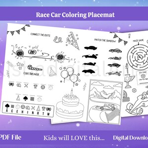 Personalized Race Car Kids Activity Sheet Placemat Birthday Party ...