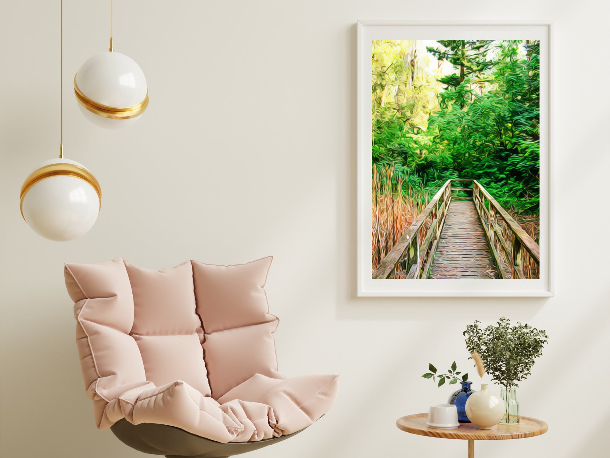 Printable Nature Graphic Wall Art Print, Nature Greenery Trees, Bridge ...