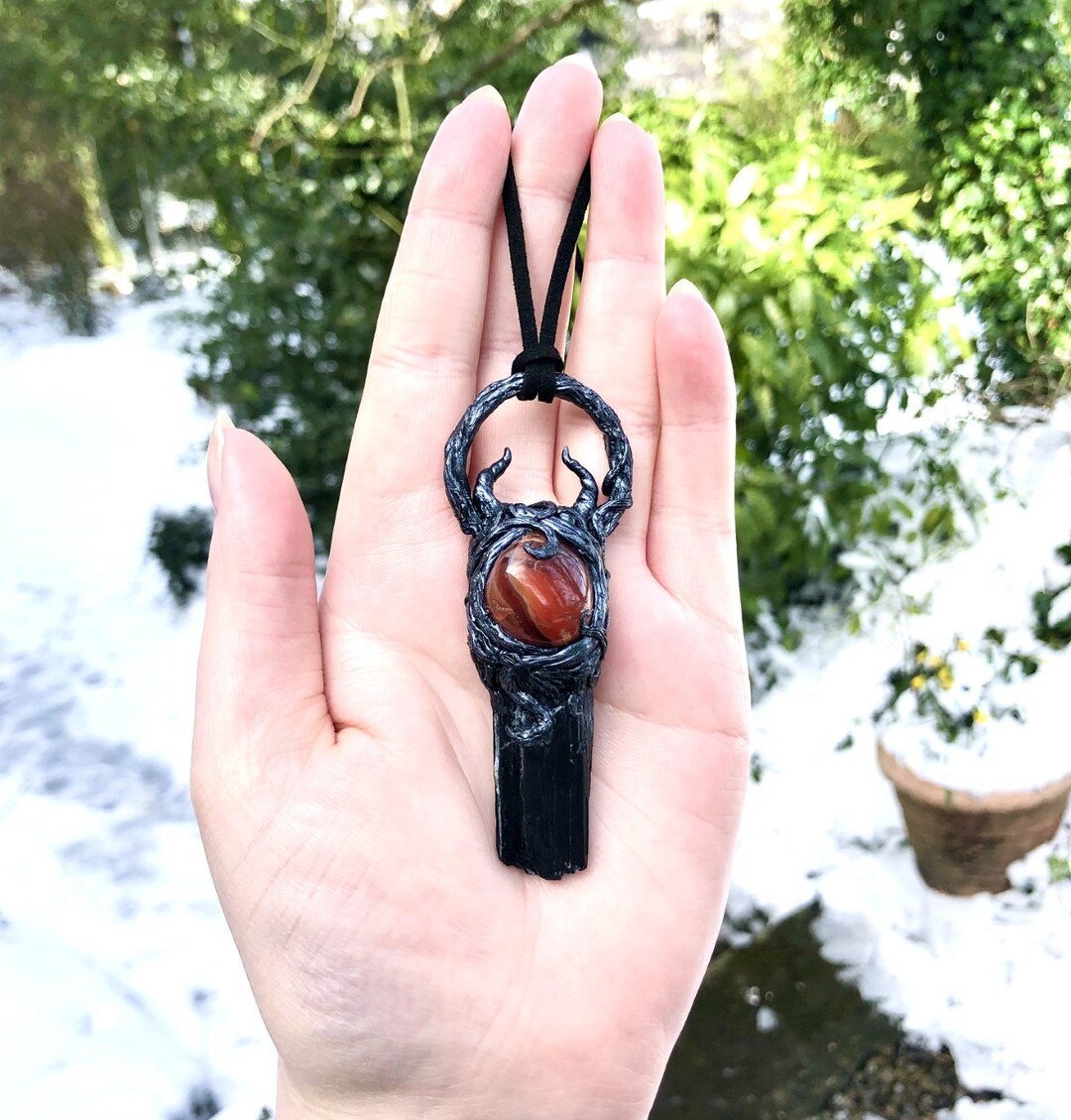 Gothic Horned Tree Root Pendant With Actinolite and Carnelian - Etsy