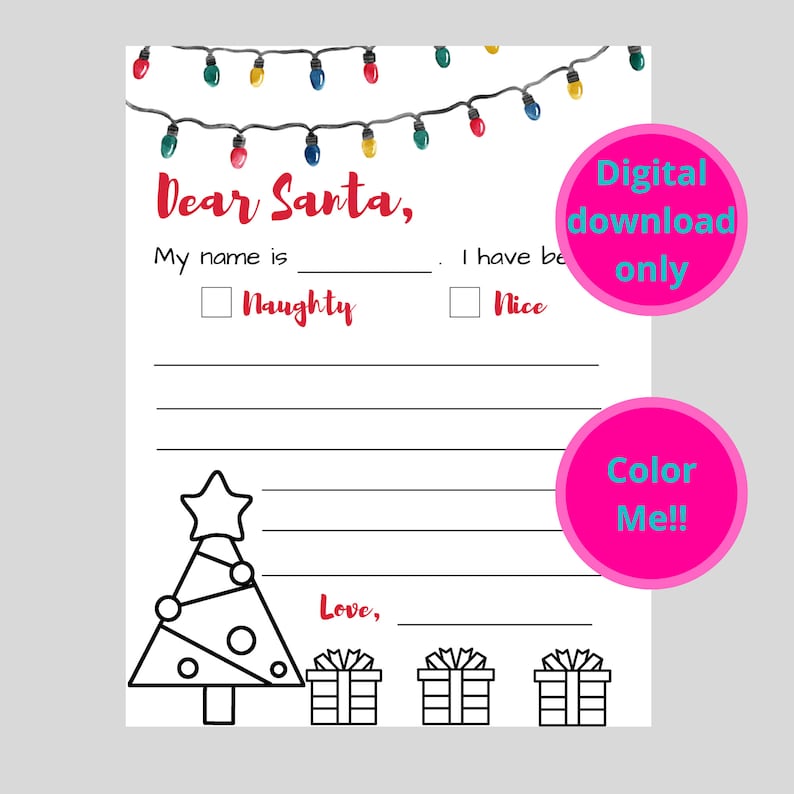 Letter to Santa Coloring Page, Fill in the Blank Wish List, Christmas ...