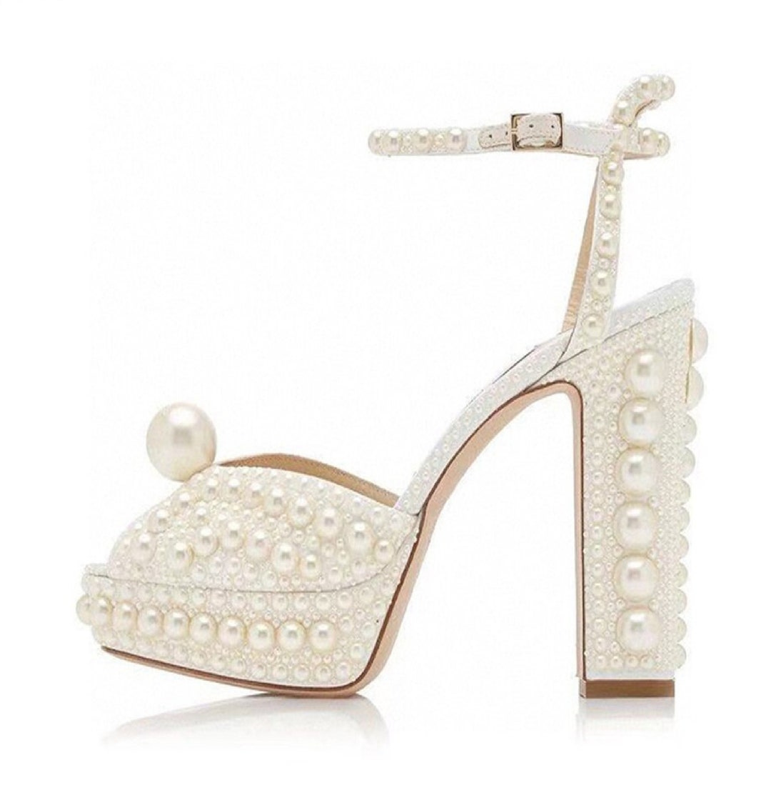 White Square Heel Pearl Sandals Luxury Fashion Shoes - Etsy