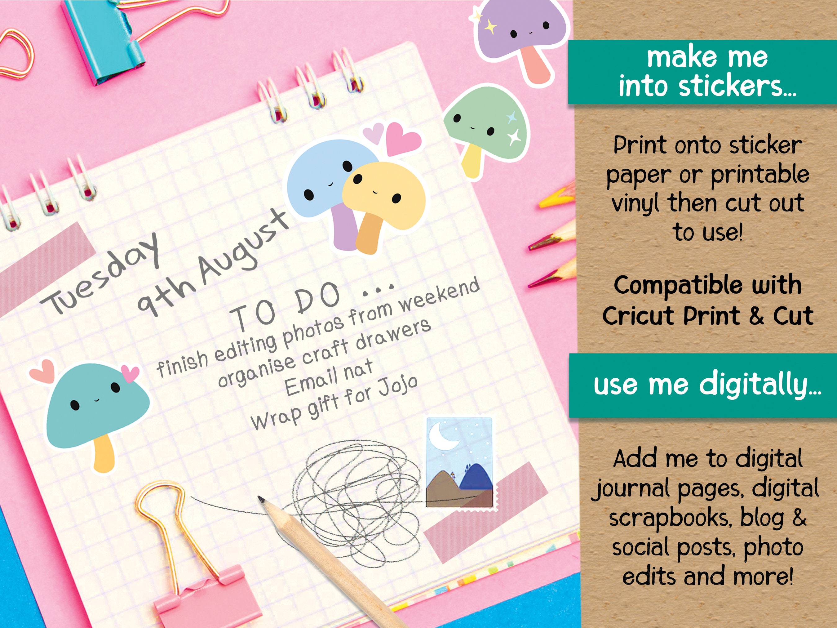 Digital Printable Stickers / Clip Art Set - Cute Mushrooms - PNG ...