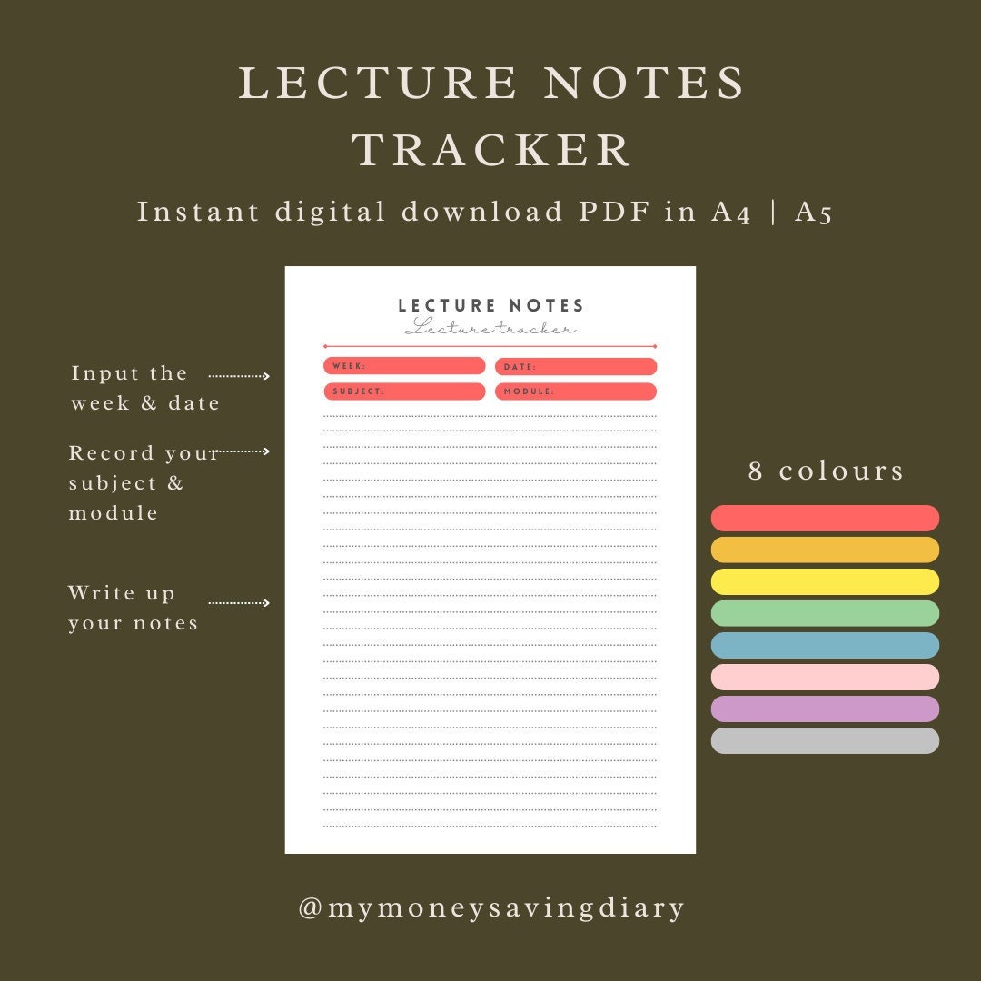 Printable Lecture Notes (8 Colours) | Notes Tracker for School, College ...