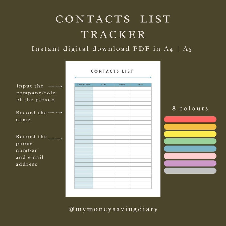 Printable Contact List (8 Colours) | Print at Home Address Book ...