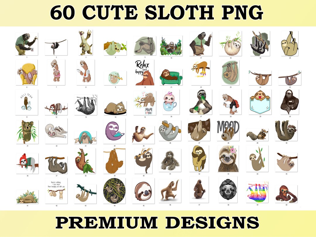 60 Cute Sloths PNG/ Sloths Clipart PNG/ Sloths PNG Bundle/ Digital ...