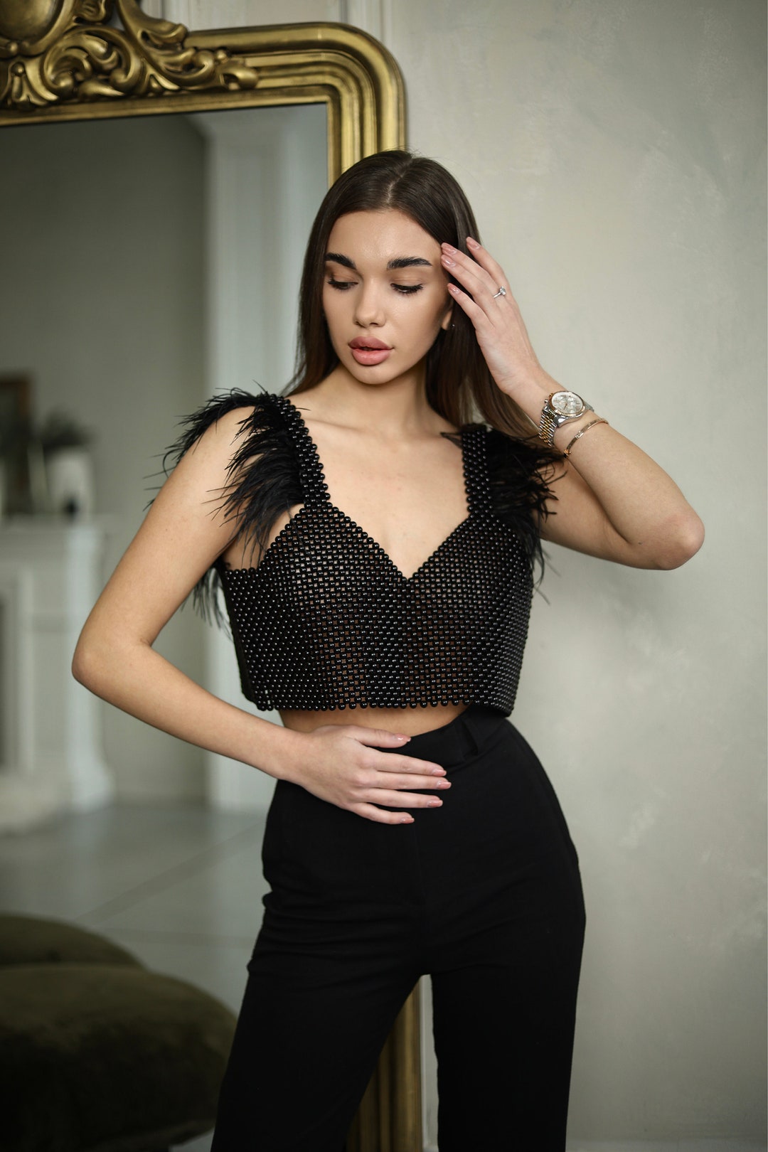 Top With Feathers, Custom Crop Top, Pearl Beaded Top, Crop Top, Beaded ...