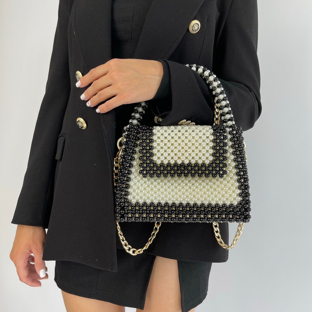 Beaded Bag Vintage Bag Beige Bag Black Bag Unique Handmade - Etsy
