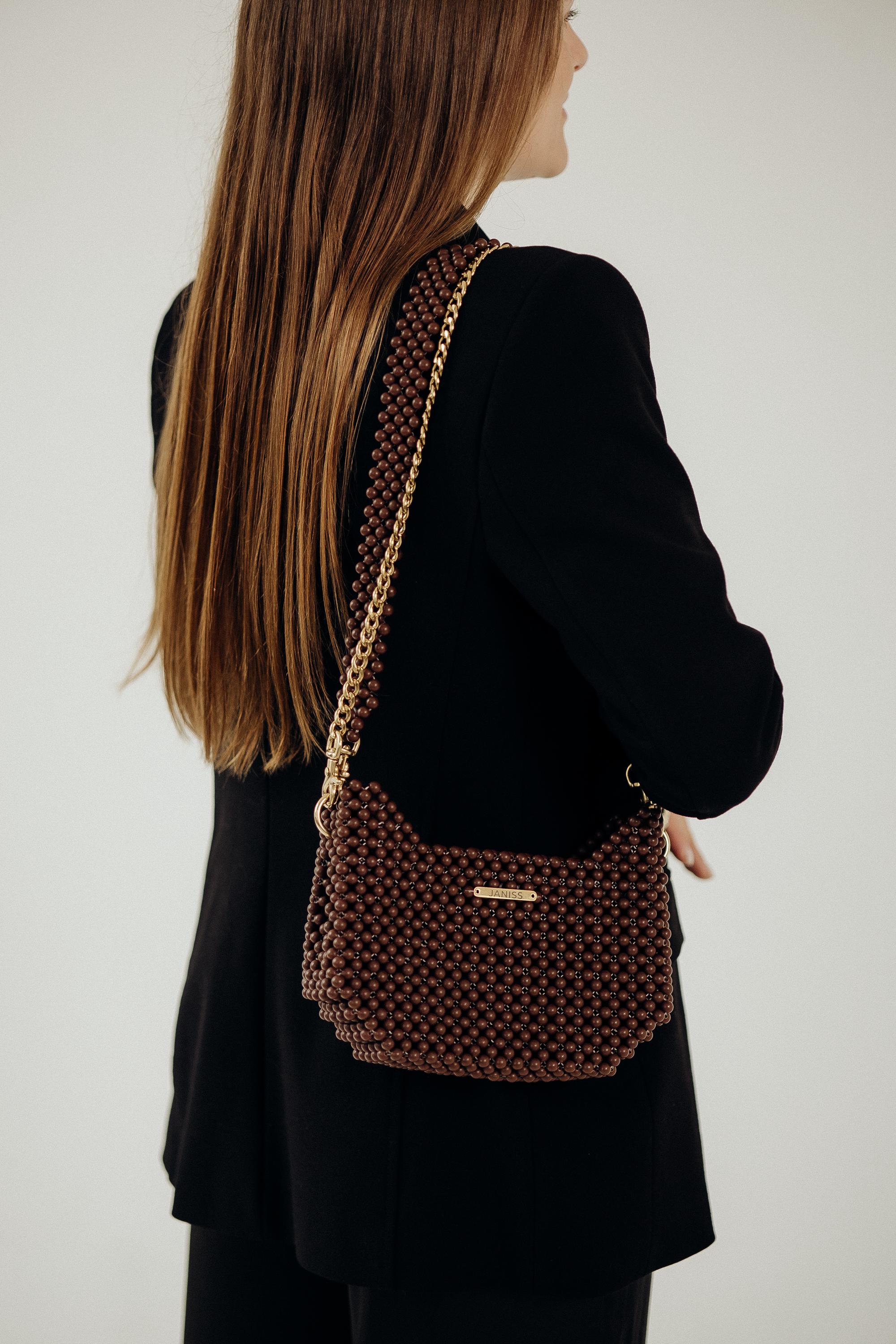Matte Brown Beaded Bag With Gold Chain, Handmade Boho Chic Bag, JANISS ...