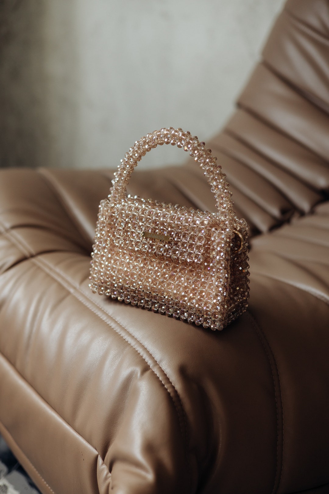 Champagne-colored Crystal Beaded Handbag, Sparkling Bag, Crystal Purse ...