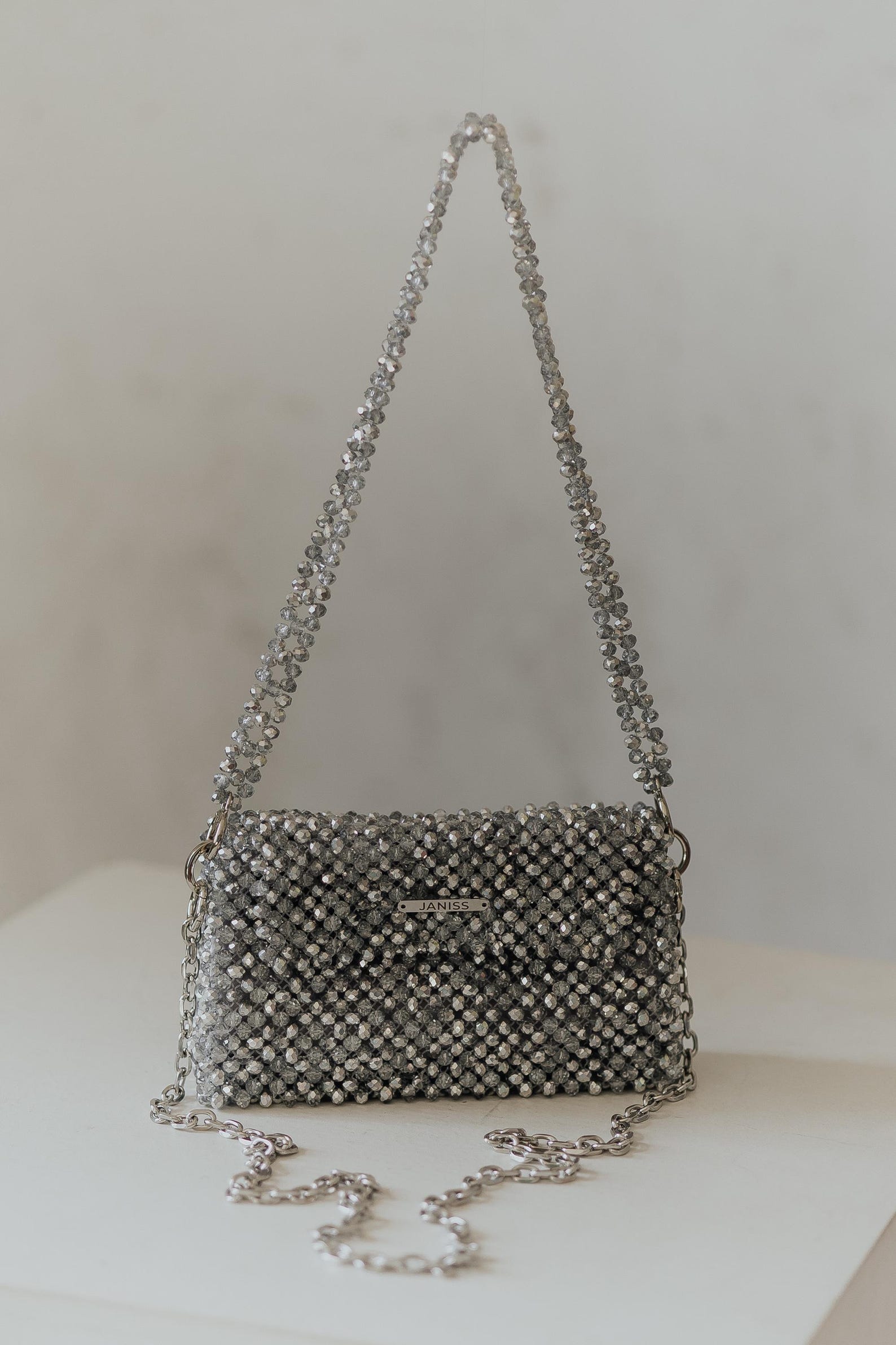 Handmade Crystal Beaded Evening Bag, Royal Satin Lining, Silver Chain ...
