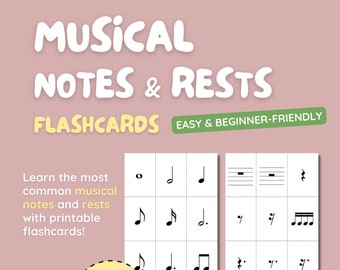 MUSICAL NOTES & RESTS Flashcards Printable Easy Beginner Music Lesson ...
