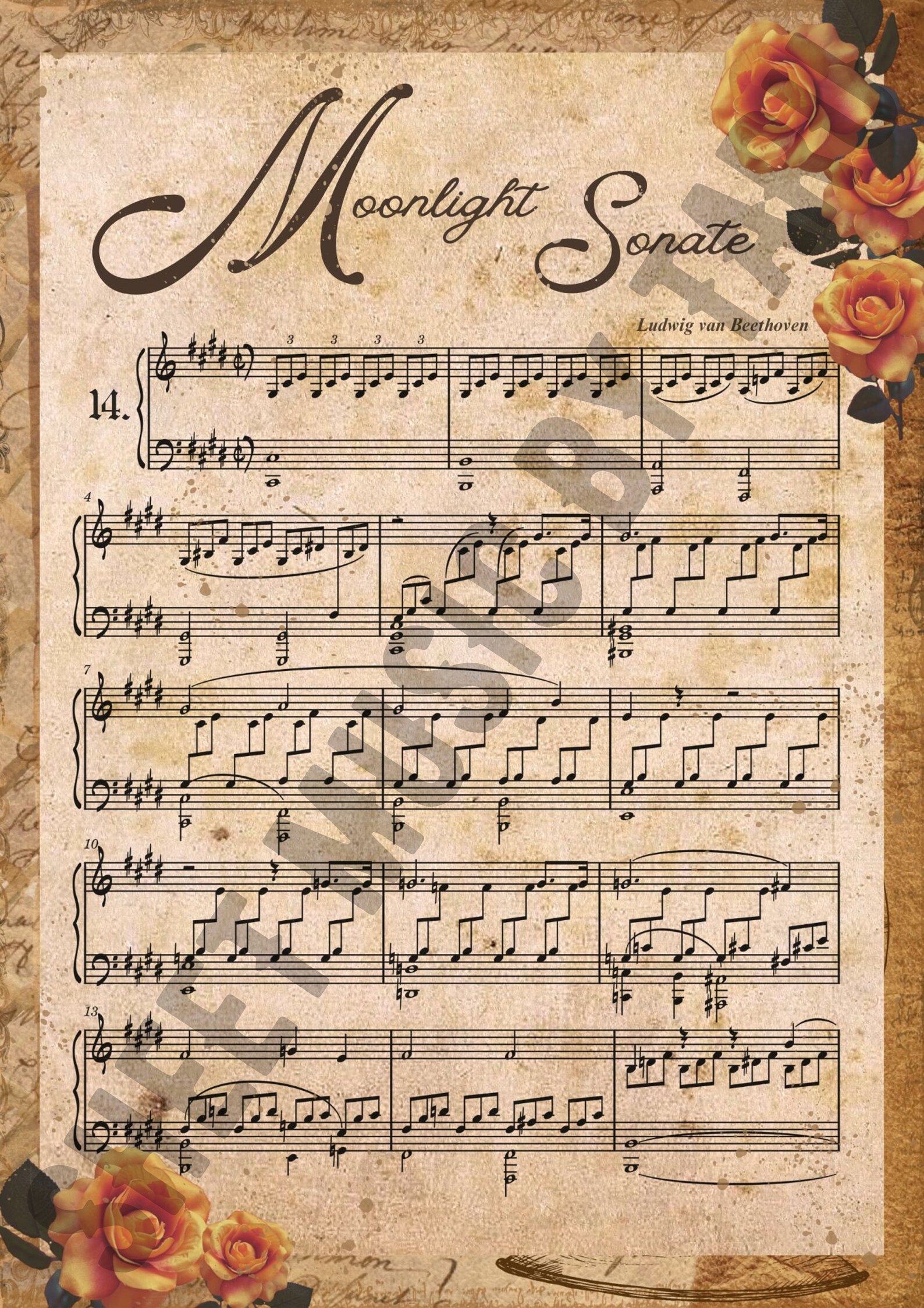 Moonlight Sonata Sheet Music Printable: Vintage Cottagecore Piano Decor ...