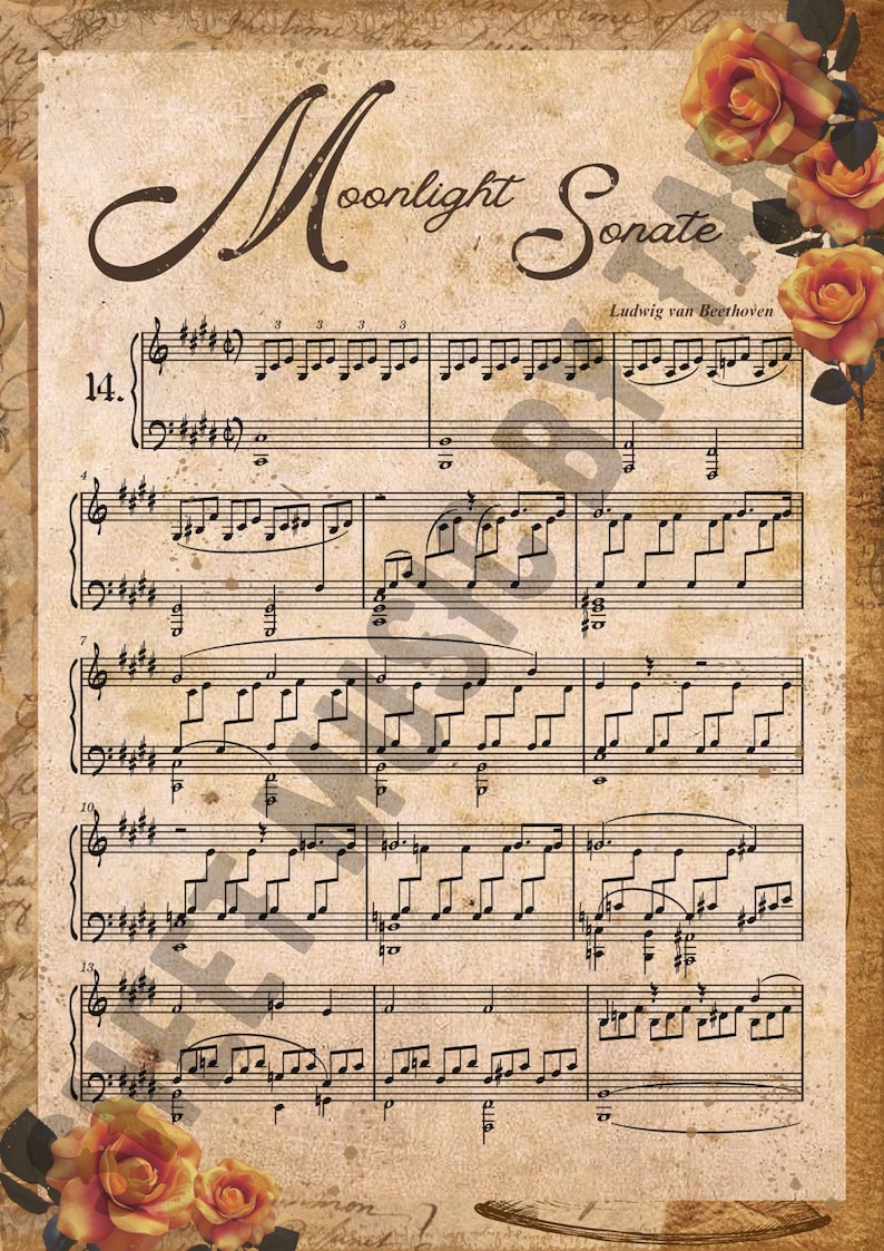 Moonlight Sonata Sheet Music Printable: Vintage Cottagecore Piano Decor ...