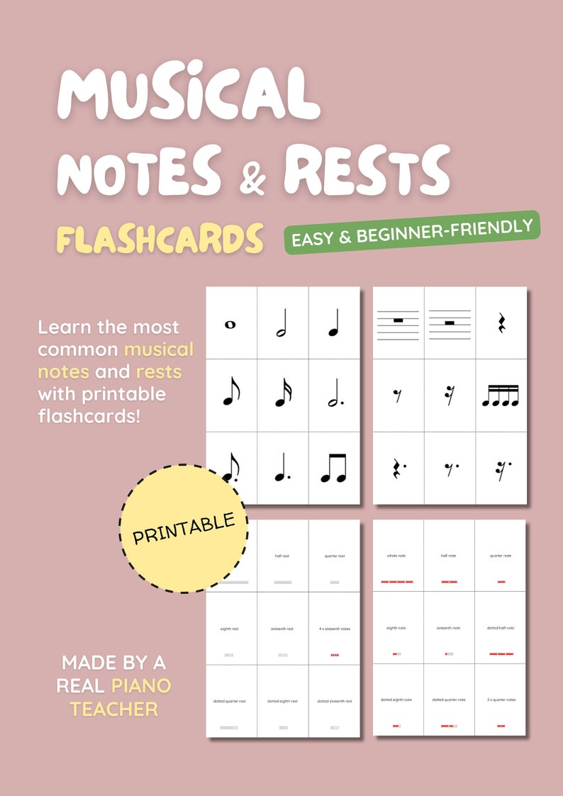 MUSICAL NOTES & RESTS Flashcards Printable Easy Beginner Music Lesson ...