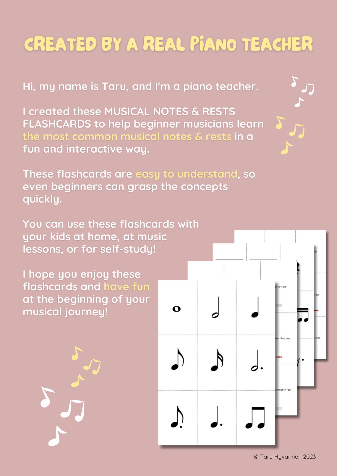 MUSICAL NOTES & RESTS Flashcards Printable Easy Beginner Music Lesson ...