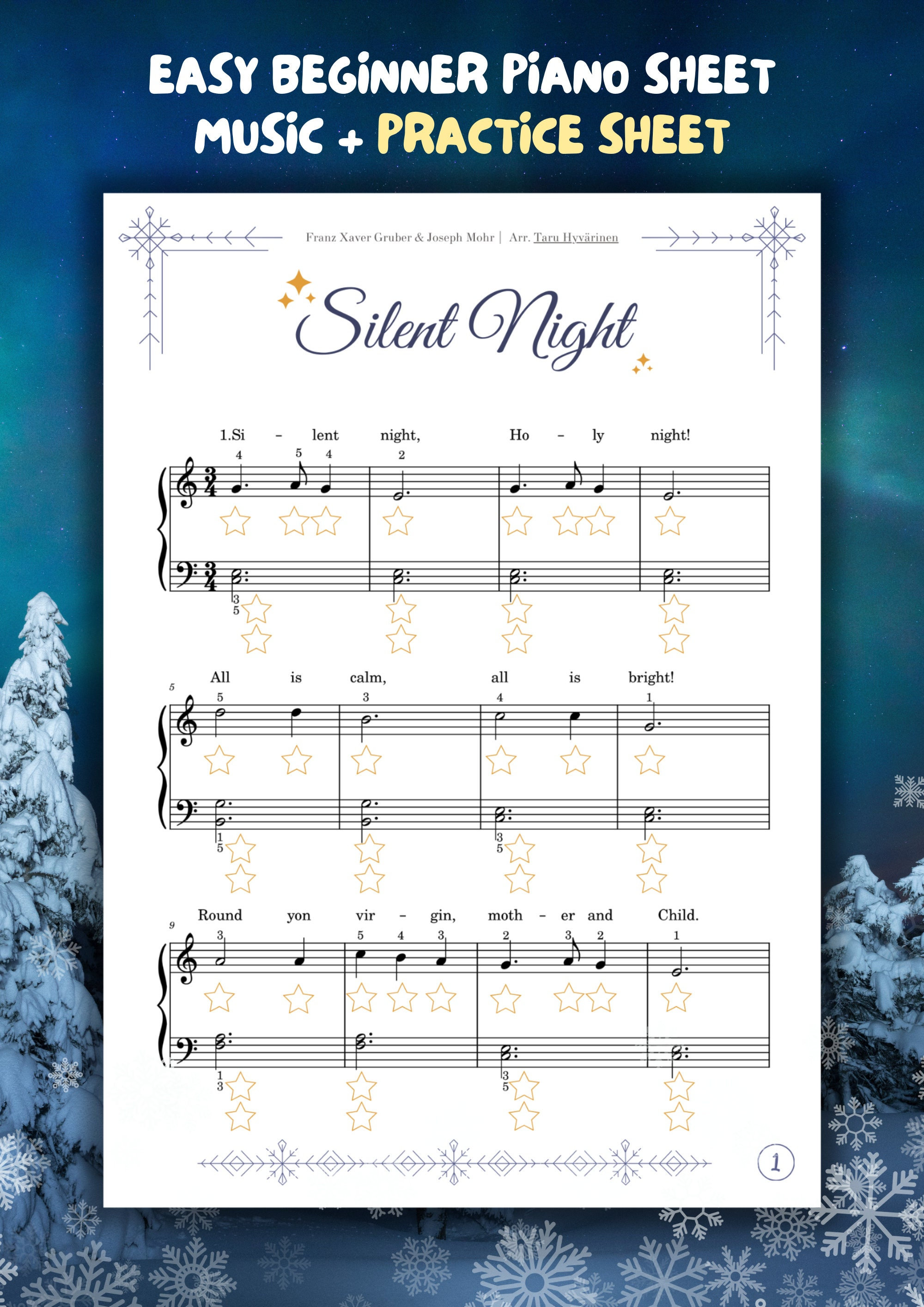 Easy Beginner Piano PRACTICE SHEET Sheet Music 'silent Night' for Kids ...