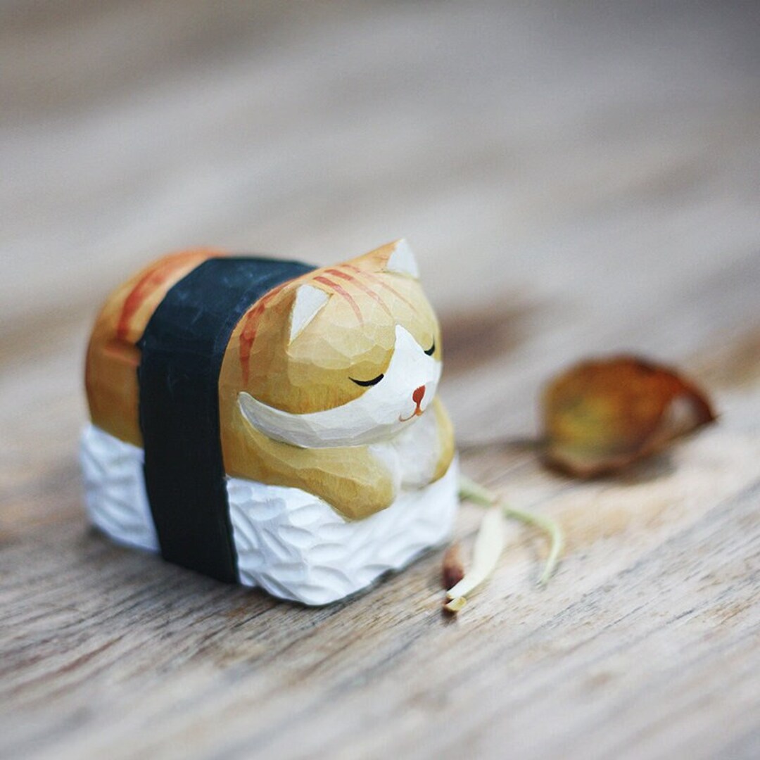 Cat Sushi Handmade Wooden Cat Statue Cute Cat Statue, Wooden Cat ...