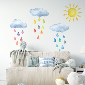 Watercolor Cloud and Raindrops Wall Decals, Rainbow Raindrops, Weather ...