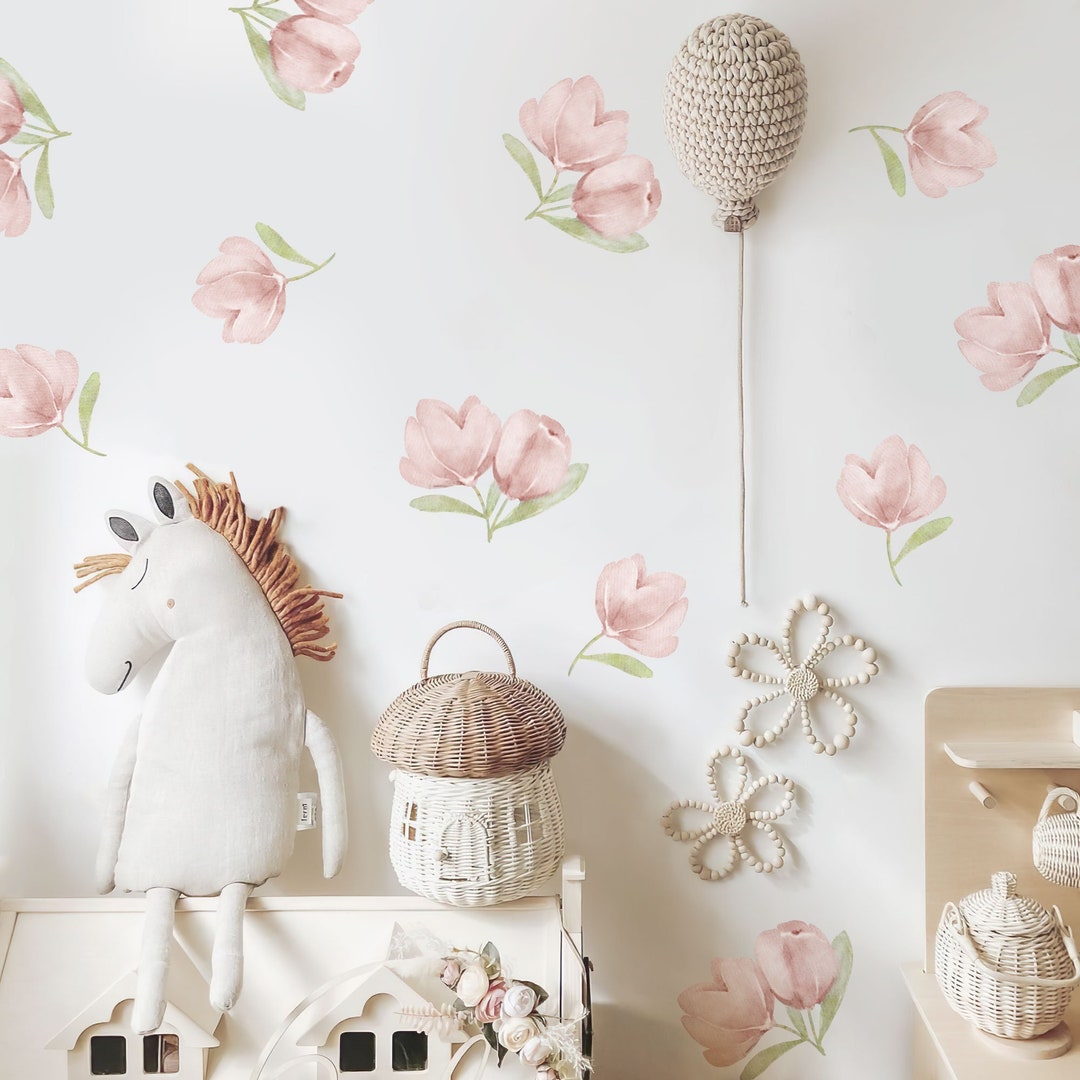 Pink Floral Wall Decal for Girls Room, Preppy Pink and Blue Flowers ...