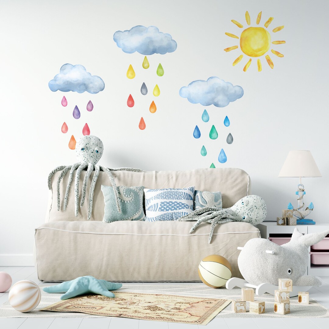Watercolor Cloud and Raindrops Wall Decals, Rainbow Raindrops, Weather ...