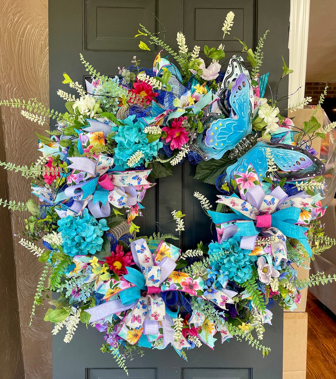 Blue Butterfly Spring Summer Floral Front Door Oversized Mesh Wreath ...