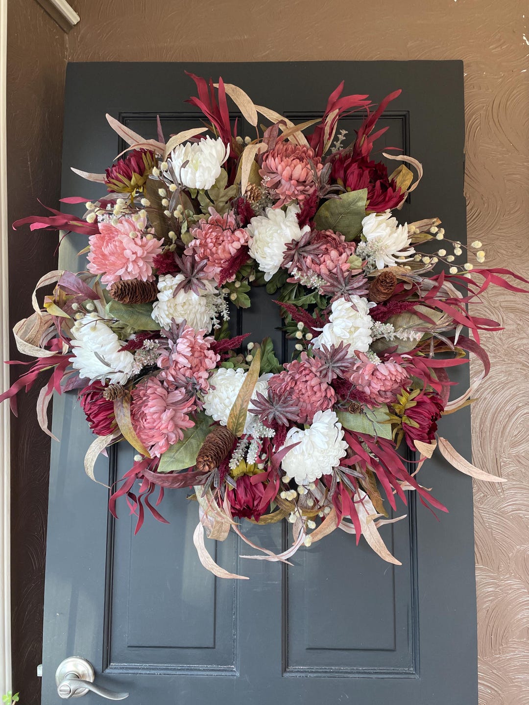 Large Fall Burgundy and Mauve Front Door Wreath, White Chrysanthemums ...