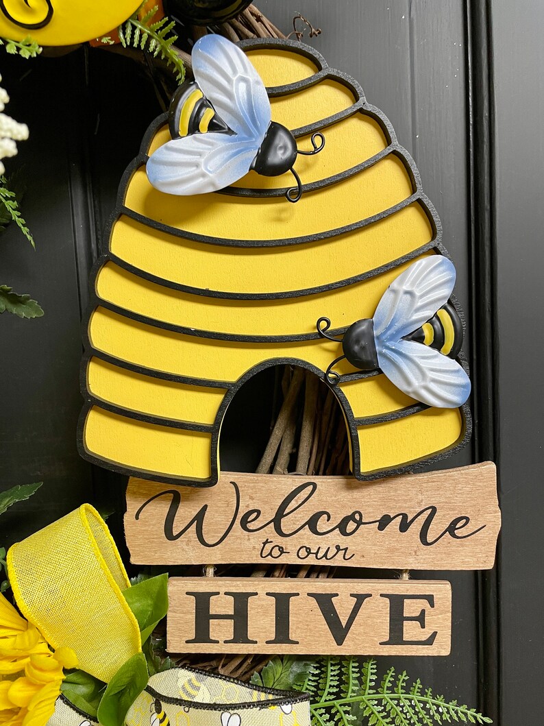 Honey Bee Front Door Wreath, Welcome to Our Hive Sign, Yellow and Black ...