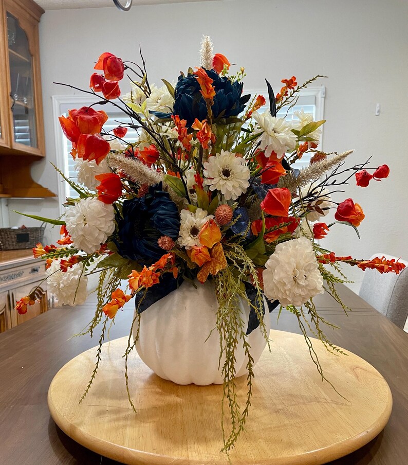 Navy and Orange Floral Arrangement on a White Pumpkin. Fall Table ...