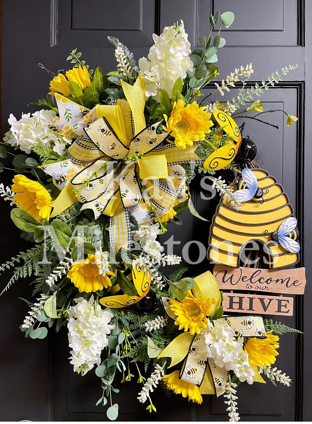 Honey Bee Front Door Wreath, Welcome to Our Hive Sign, Yellow and Black ...