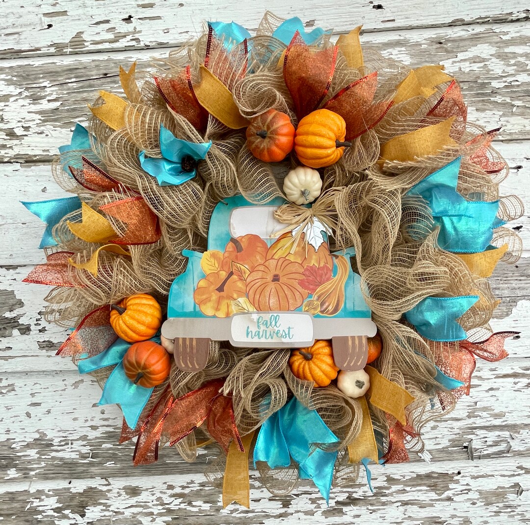 Fall Orange and Teal Wreath, Fall Wreath, Wreath With Old Truck Sign ...