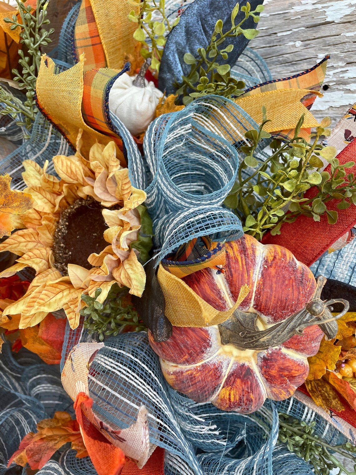 Dusty Blue Wreath, Trendy Fall Mesh Wreath, Blue and Orange Fall Wreath ...