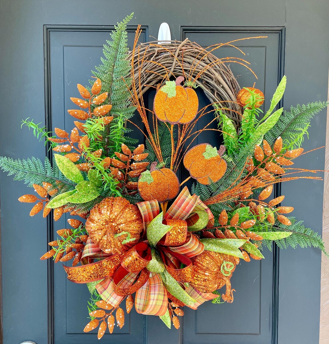 Orange and Lime Green Glitter Fall Pumpkin Grapevine Wreath, Orange ...
