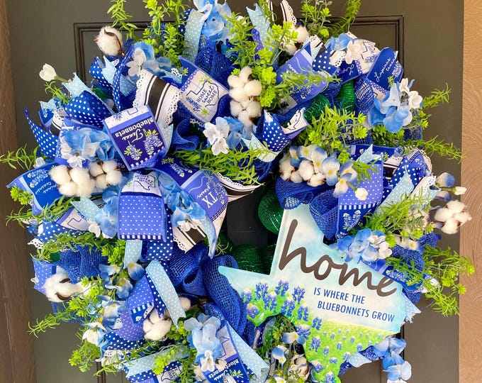Texas Bluebonnet Wreath, Bluebonnets and Cotton, Front Door Blue Mesh ...