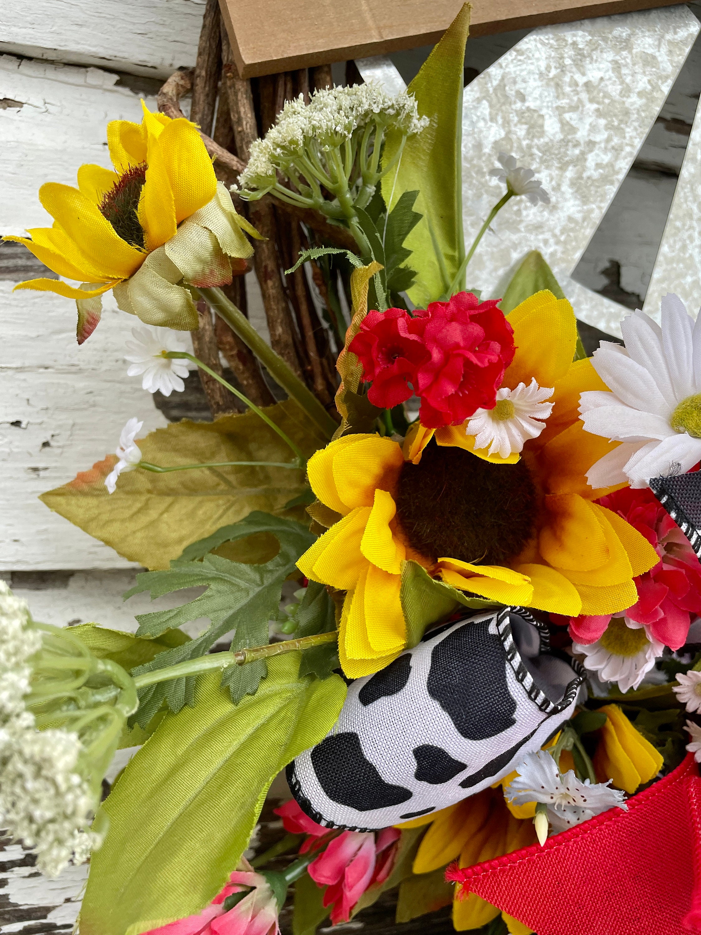 Country Themed Wreath, Spring Windmill Decor, Wildflowers, Cow Print ...