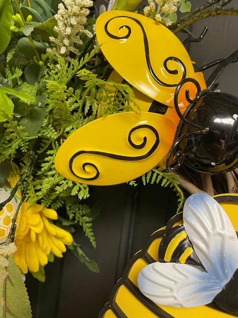 Honey Bee Front Door Wreath, Welcome to Our Hive Sign, Yellow and Black ...