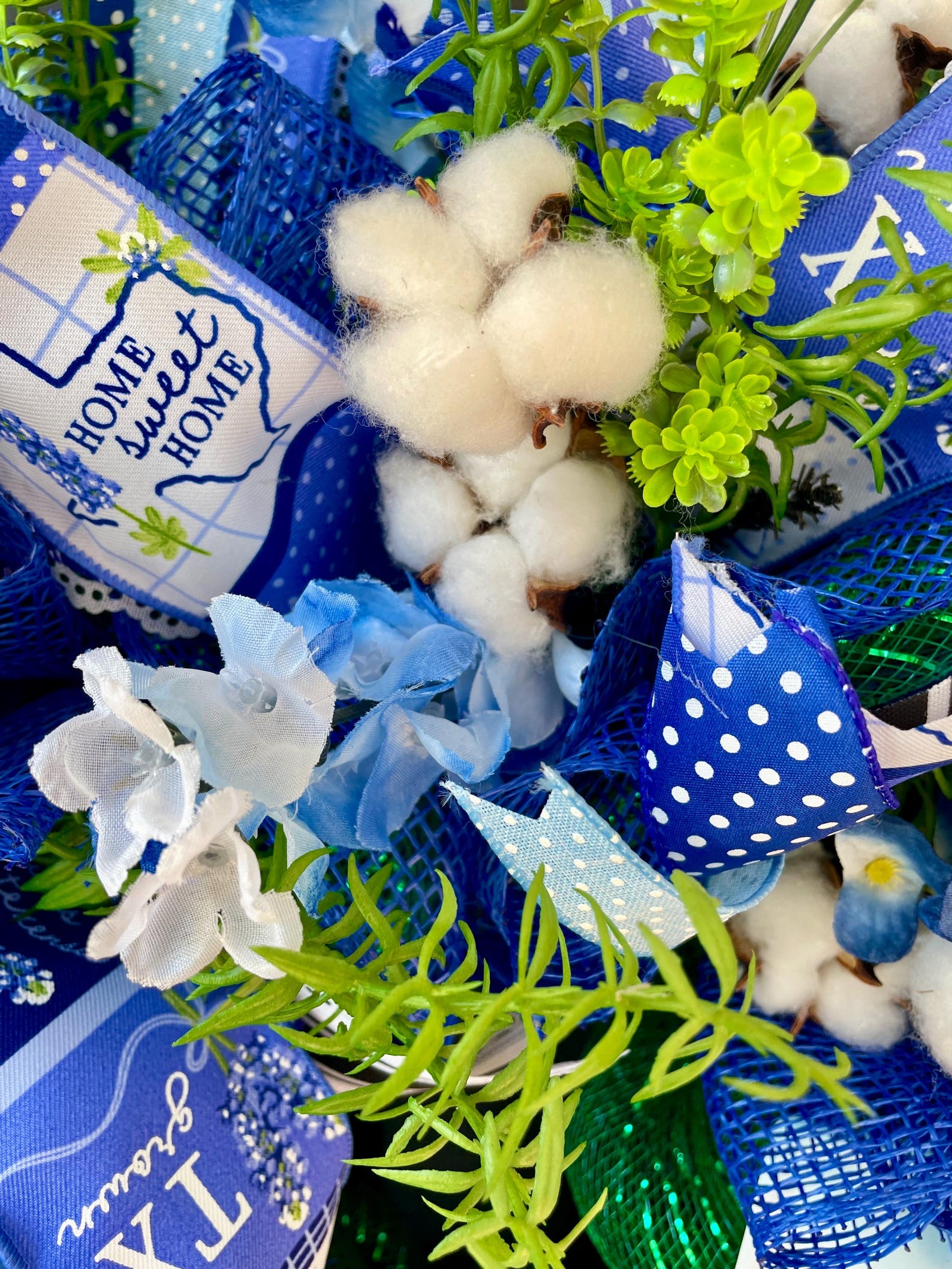 Texas Bluebonnet Wreath, Bluebonnets and Cotton, Front Door Blue Mesh ...