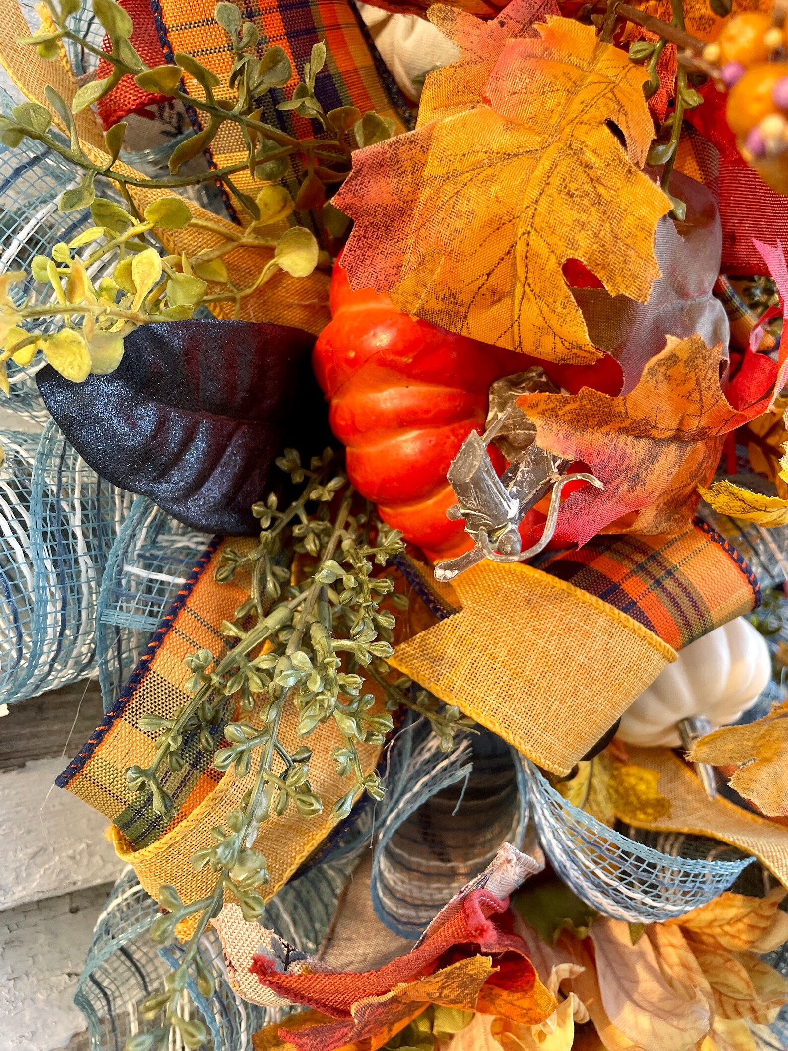 Dusty Blue Wreath, Trendy Fall Mesh Wreath, Blue and Orange Fall Wreath ...