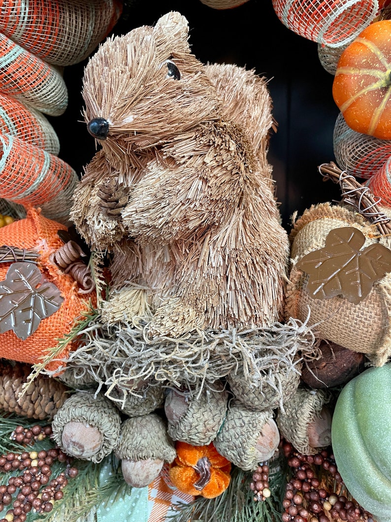 Rustic Fall Wreath, Harvest Thanksgiving Decor Squirrel Pumpkin Wreath ...