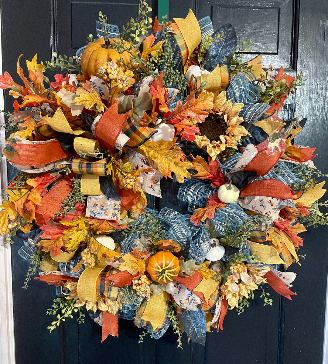Dusty Blue Wreath, Trendy Fall Mesh Wreath, Blue and Orange Fall Wreath ...