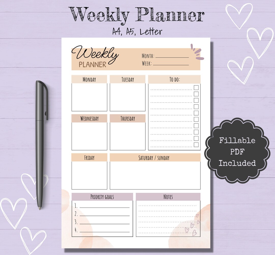 Printable Weekly Planner Weekly Digital Planner PDF Weekly - Etsy
