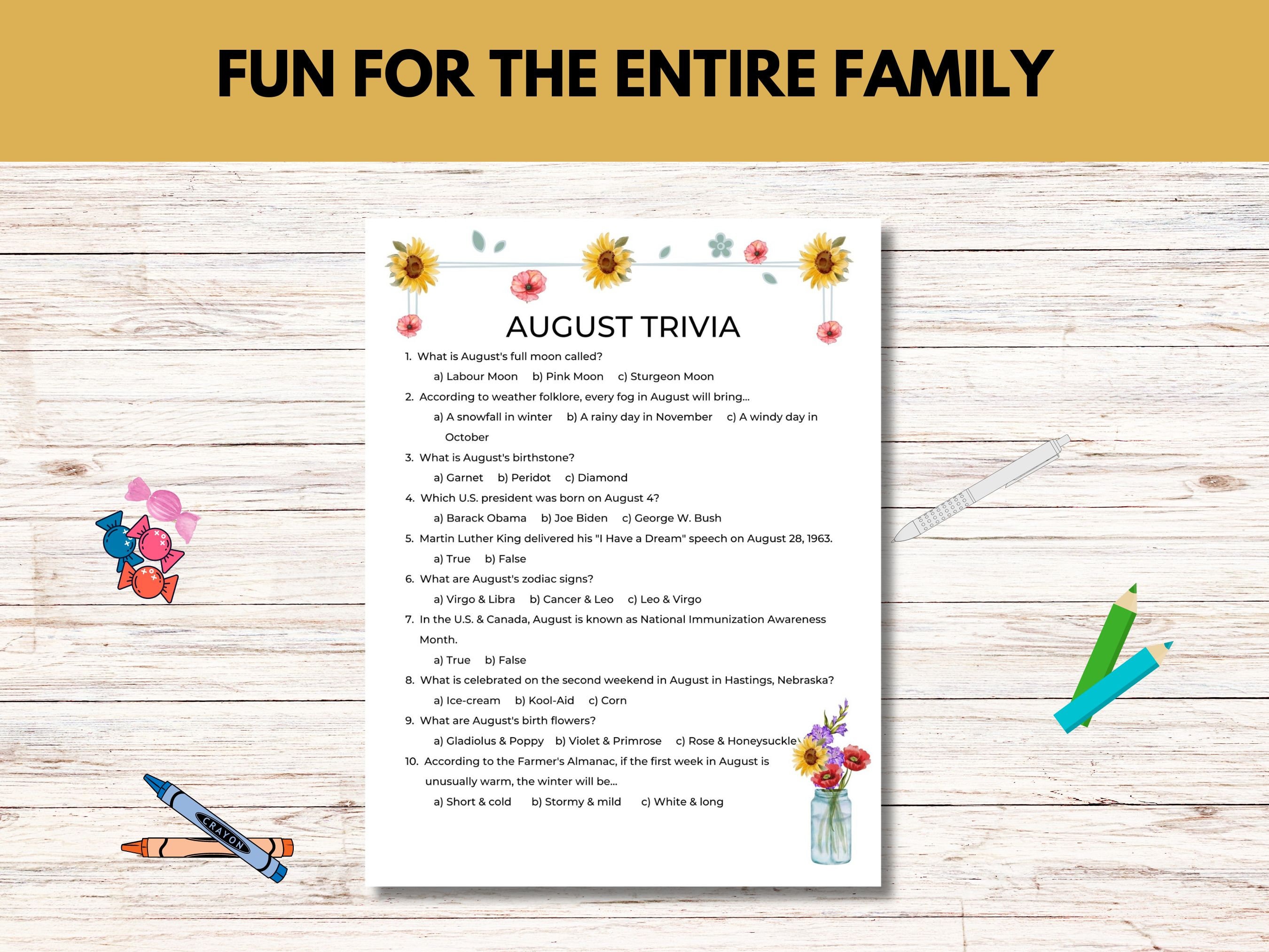 August Trivia Game Printable, Summer Puzzle, August Memorabilia - Etsy