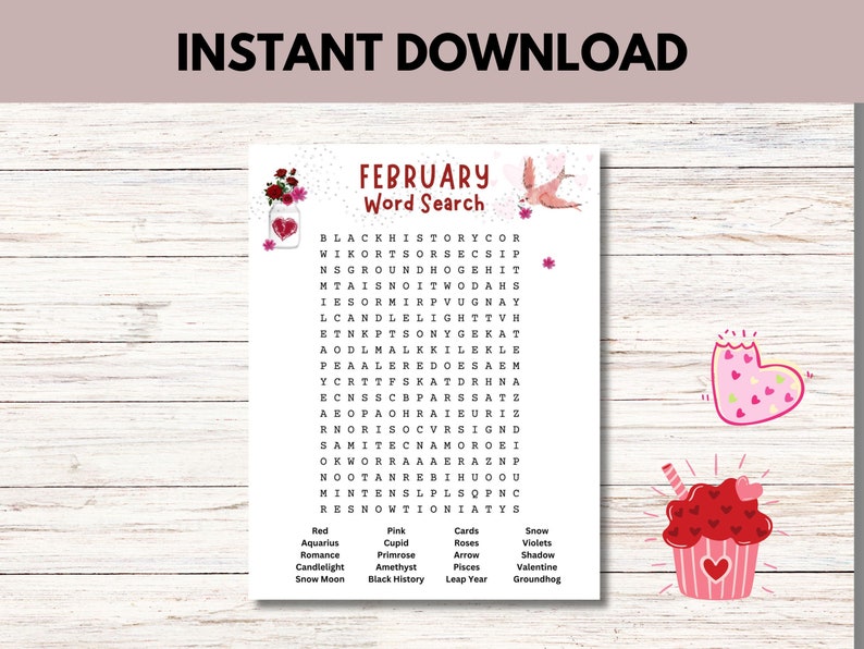 February Word Search Printable, Winter Word Find, Valentine's Day Word ...