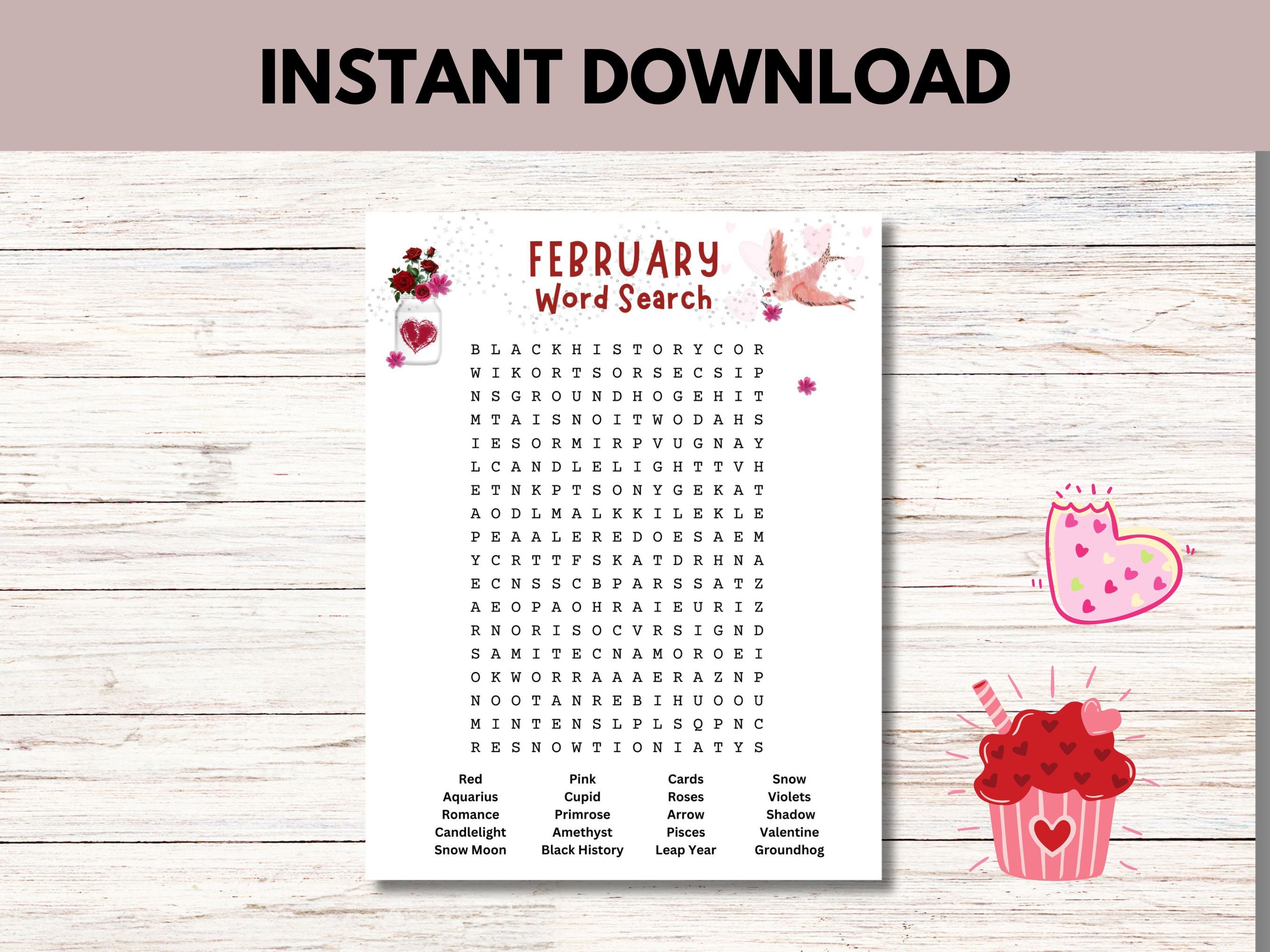 February Word Search Printable, Winter Word Find, Valentine's Day Word ...