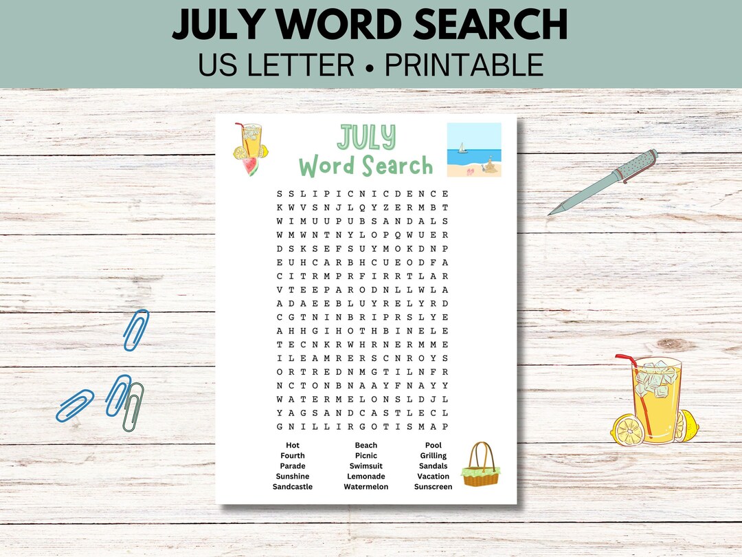 July Word Search, July Classroom Activity, Summer Word Search Puzzle - Etsy