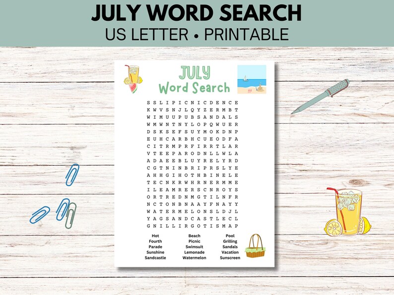 July Word Search, July Classroom Activity, Summer Word Search Puzzle - Etsy