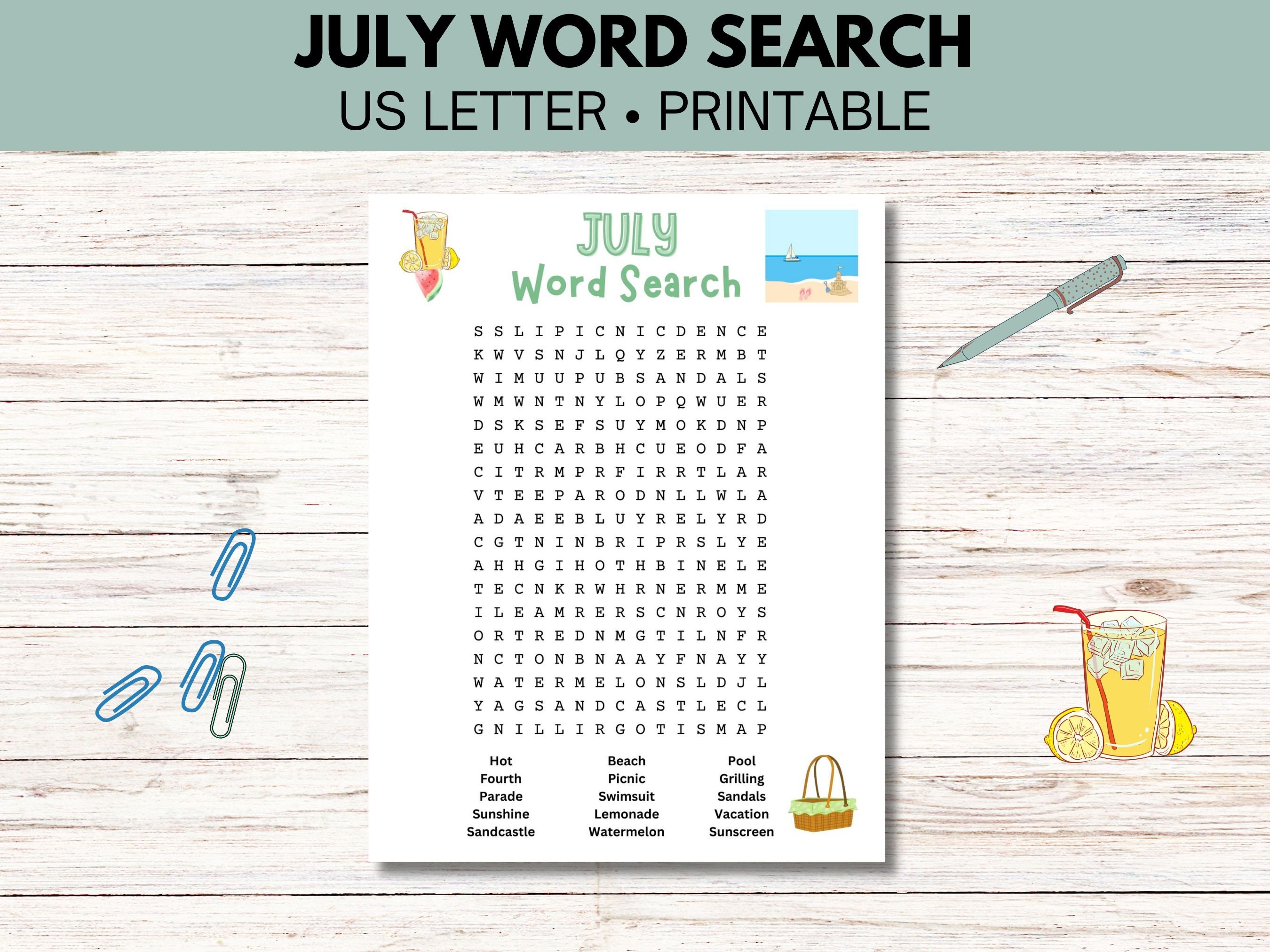July Word Search, July Classroom Activity, Summer Word Search Puzzle - Etsy