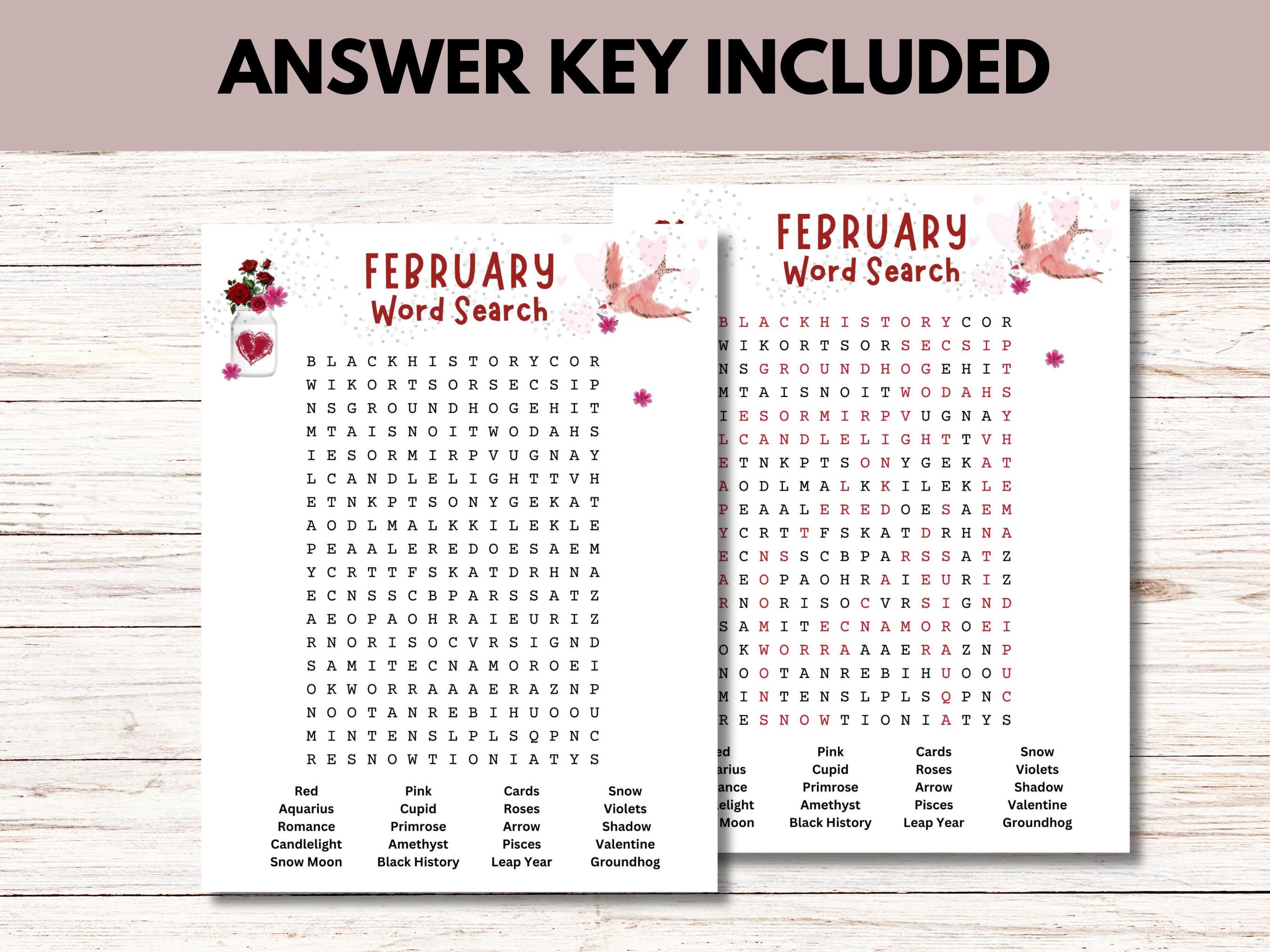 February Word Search Printable, Winter Valentine's Day Game (PDF) - Etsy