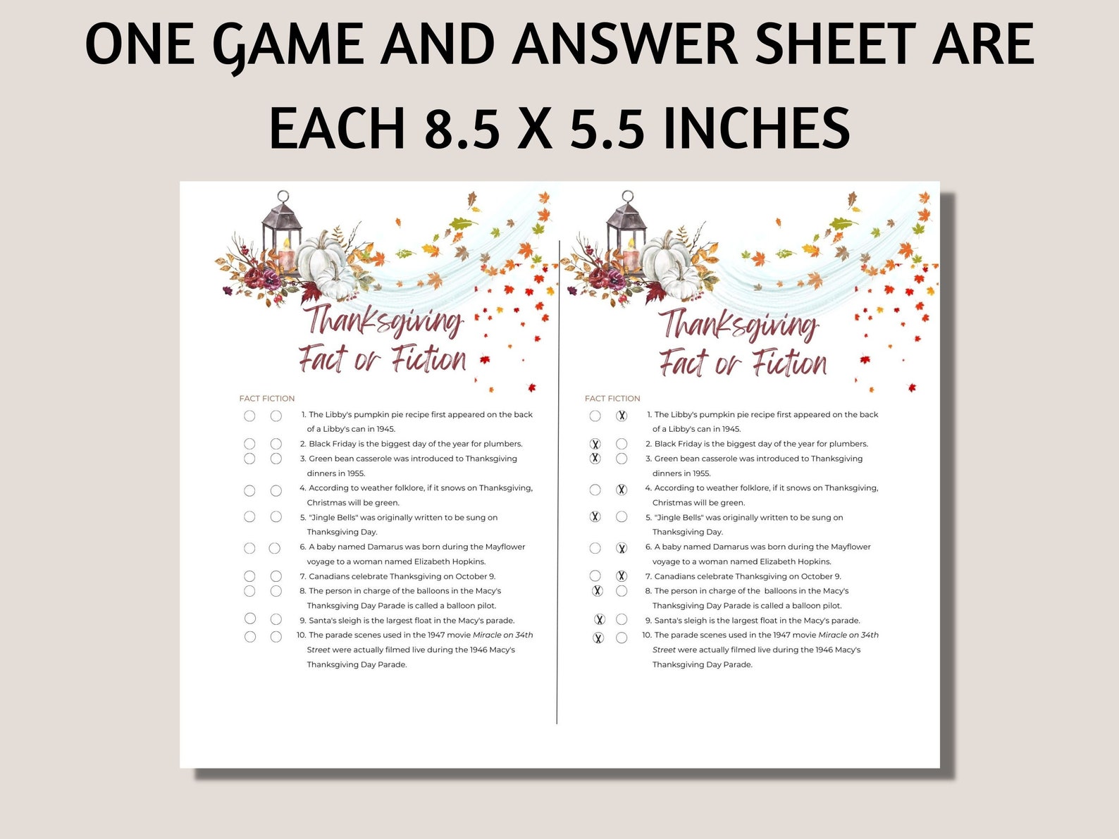 Thanksgiving Fact or Fiction Printable Game, Autumn Game, Thanksgiving ...