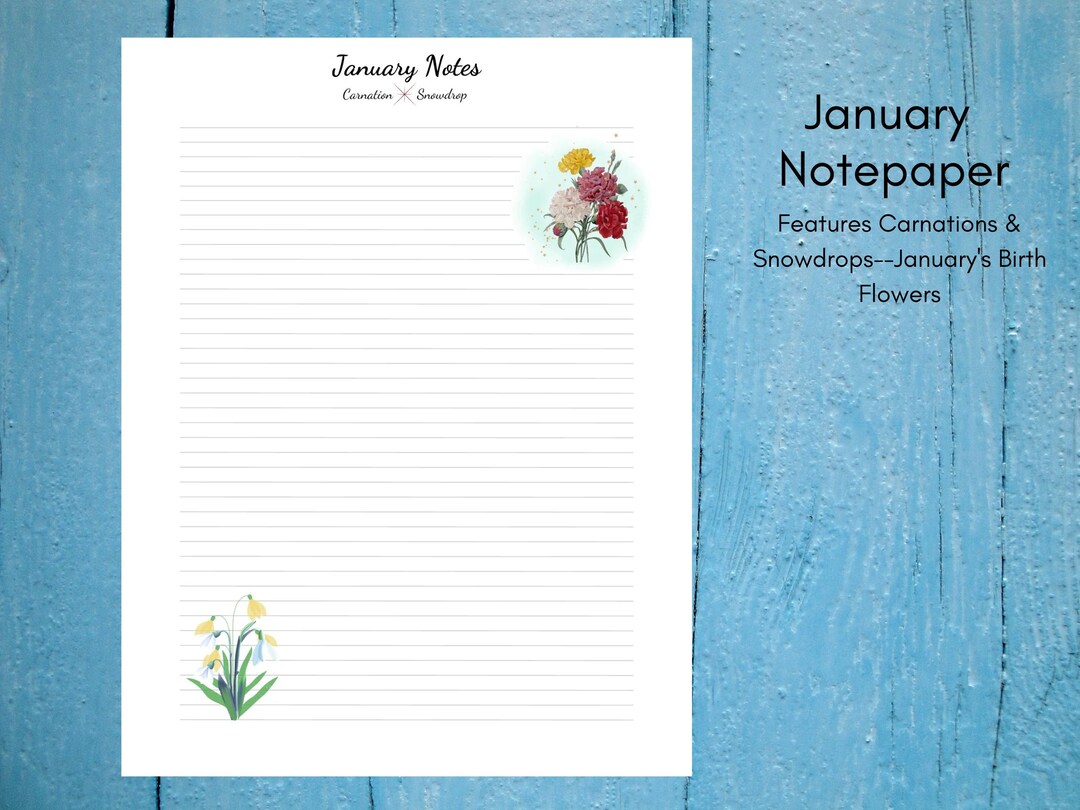 January Birth Flowers Notepaper Set, Carnations and Snowdrops Floral ...